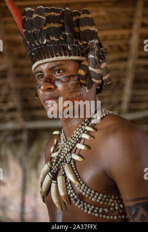 Bacaja village, Amazon, Brazil. Young men dancing with artifacts Stock ...