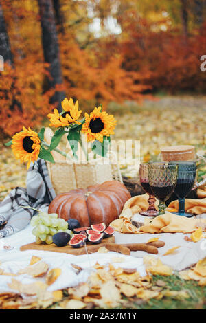 autumn pumpkin and picnic basket. autumn still life in the forest Stock ...