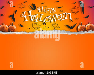 top view of pumpkin and paper bats on pink background with Halloween ...