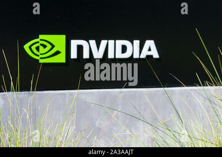 Blurred Nvidia Corporation logo and sign at company headquarters in ...