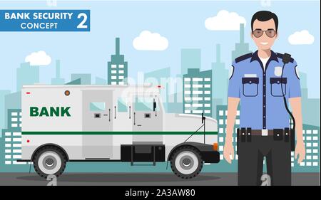 Security concept. Detailed illustration of armored car and security ...