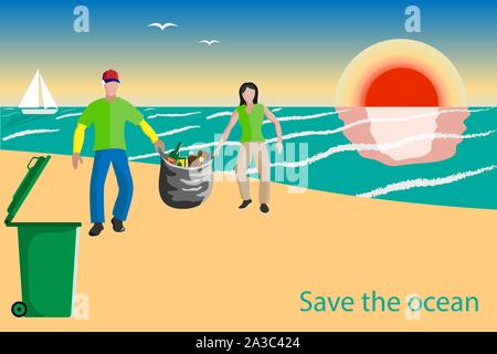 Environmental water pollution concept with volunteers cleaning sea ...