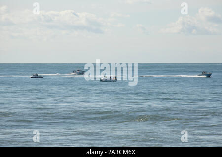 Fishing boats in the Portland tidal race in October on a big tide ...
