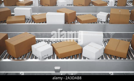 parcels on conveyor belt in a warehouse. 3d render Stock Photo - Alamy