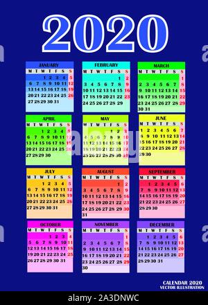 Calendar on 2020 year with week starting from monday, A4 sheet on black ...