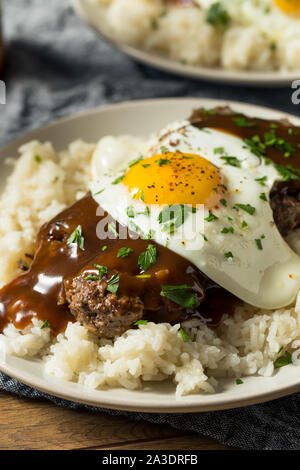 Homemade Hawaiian Loco Moco with Hamburger and Rice Stock Photo - Alamy