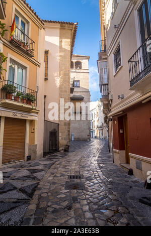 Sunday morning view of Malaga historic city center with narrow streets ...