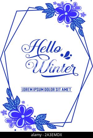 Hello winter card, with ornament of purple rose flower frame and blue ...