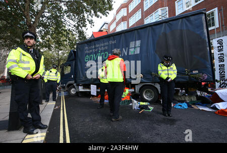 A lorry blocks Marsham Street, outside the entrance to the Home Office ...
