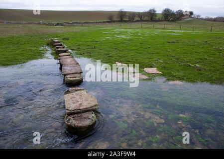 A traditional stone step bridge in the Cotswolds Uk, crossing a shallow ...