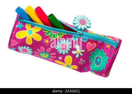 Colourful pink flowery pencil case isolated on white background Stock ...