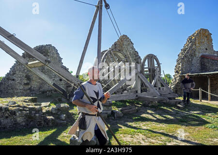 Medieval wooden human powered treadwheel crane at the Château de ...