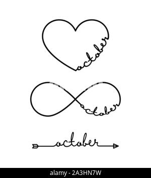 Autumn - word with infinity symbol, hand drawn heart, one black arrow ...