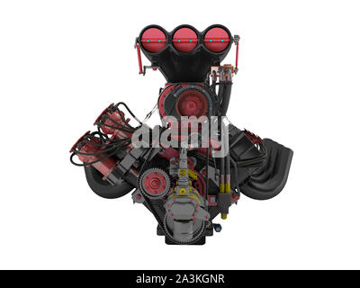 Red engine with supercharger front view 3d render on blue background ...