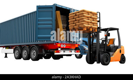 Modern concept of loading and unloading cargo from blue tractor with ...