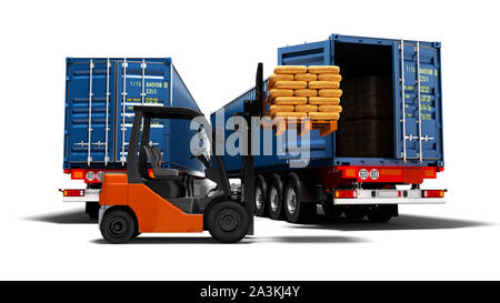 Forklift loading building materials. A stack of boards wood frame and ...