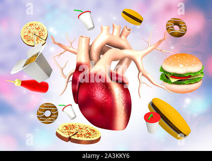 Human heart anatomy with fast foods. Unhealthy diet concept. 3d ...
