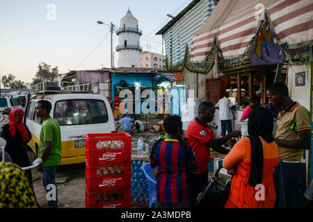 Minaret of the Hamoudi Mosque, Djibouti City. The mosque was built in ...