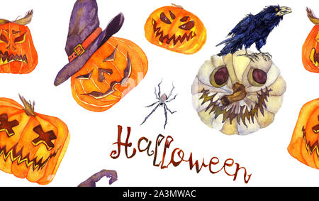 Halloween colorfull pattern design, pumpkin, witch hats, spiders, crow ...