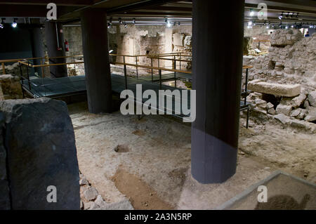 Ancient Roman ruins of the old Barcino city at the MUHBA in Barcelona ...