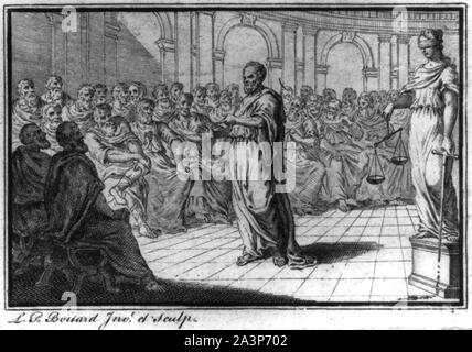 Socrates) standing before seated group in temple portico; large crowd ...