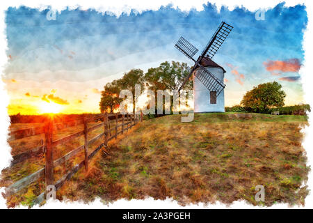 Sunset over Ashton Windmill at Wedmore in the Somerset countryside ...