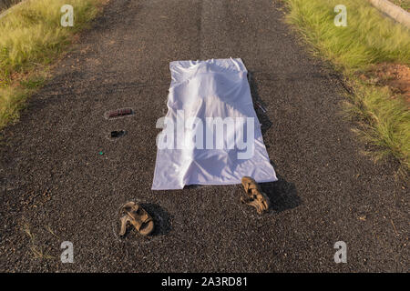 murder, kill and people concept - dead man body and knife in blood ...