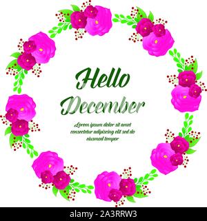 Handwritten hello december, with beauty of pink wreath frame. Vector ...