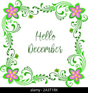 Poster text of hello december, with green leaves frame background and ...
