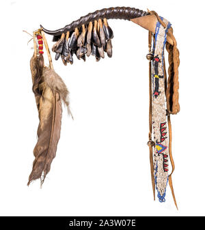 North American Indian dance rattle made from rawhide, deerskin and deer ...