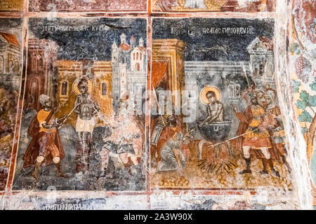 Mystras, Greece. Frescoes of Catholic martyrs inside Pantanassa ...