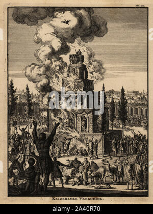 Five-story funeral pyre for a Roman Emperor in flames, Rome. The ...
