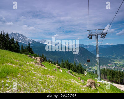 Alpine panorama, gondola of the Jennerbahn cable car reflected in the ...