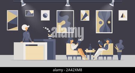 Registration table flat vector illustrations. Smiling young woman ...