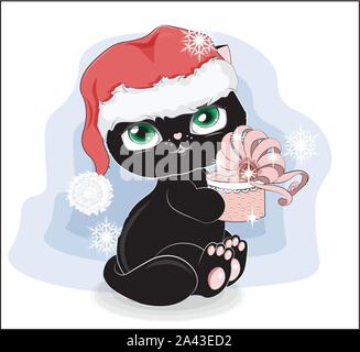 Cute black cat in Christmas hat with sign Happy New Year Stock Vector ...