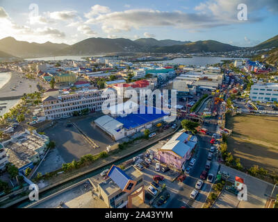 High Aerial view of the capital of St.Maarten, Philipsburg. Dutch Side ...