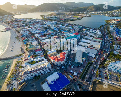 High Aerial view of the capital of St.Maarten, Philipsburg. Dutch Side ...