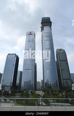 Outside view of twin towers of Guiyang International Finance Center in ...