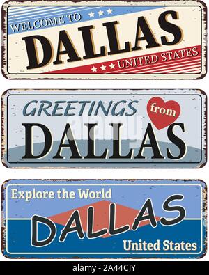 Vintage tin sign. Dallas. Retro souvenirs or old postcard templates on ...