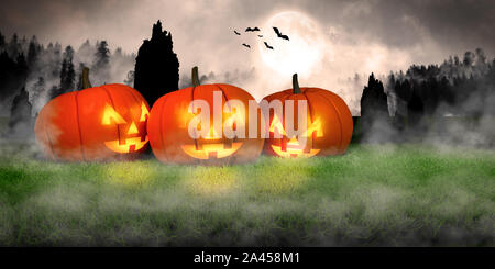 Halloween background. Spooky forest pumpkin in graveyard Stock Photo ...