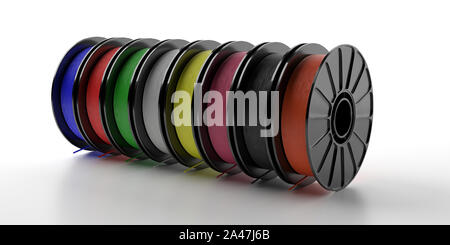 3D printer filaments. Reels of colorful plastic wire for 3D printing ...