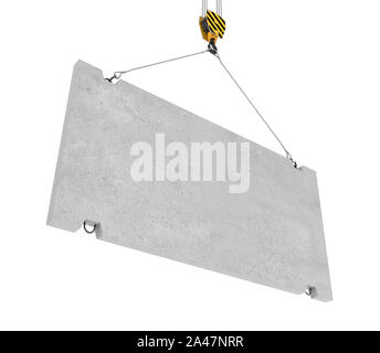 3d rendering of concrete slab hanging on a hook with two ropes isolated ...