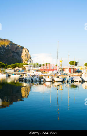 Terracina, port, Platform of sanctuary of Jupiter Anxur. A lot of boats ...