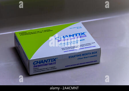 Chicago, USA-October 9, 2019: Chantix starting pack blister card. A ...