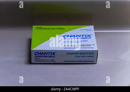 Chicago, USA-October 9, 2019: Chantix starting pack blister card. A ...