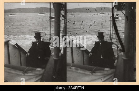 Theodore Roosevelt wearing a tall hat and cape climbs up the steps ...