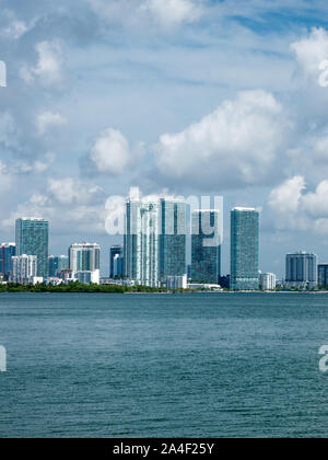 Aerial view of Miami skyline with dramatic colorful sunset sky ...