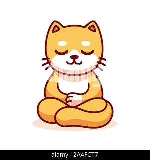 Zen cat meditation, simple cartoon drawing. Cute white cat meditating ...