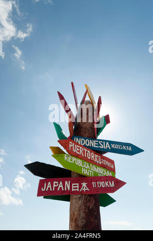 World distances sign post, Punta Sur Eco Park, Cozumel island, Mexico ...