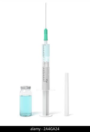 3d rendering of a dram glass vial and a syringe with blue liquid inside ...